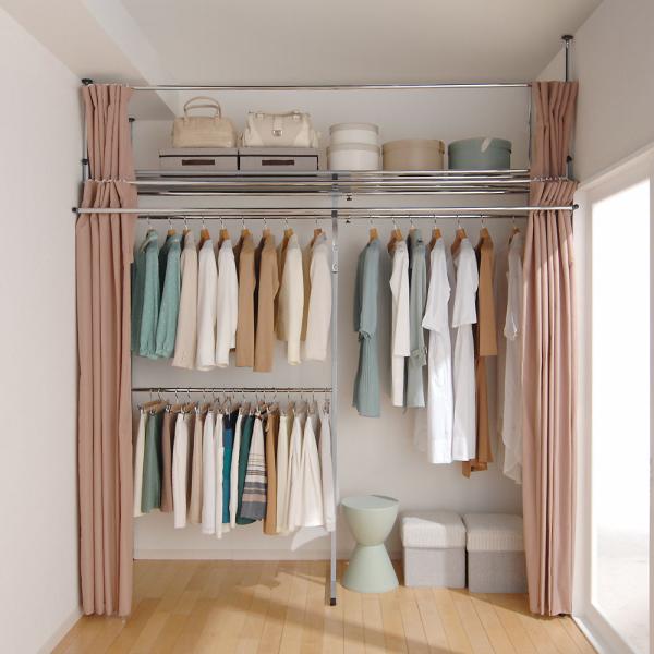 奥行79cm 上下カーテン付き突っ張り頑丈ハンガーラック ハイタイプ・【標準】幅137-230cm対応 衣類収納 クローゼットハンガー カバー ディノス dinos 人気 おしゃれ前後ダブル掛けの大容量の壁面収納クローゼットハンガーです●と...