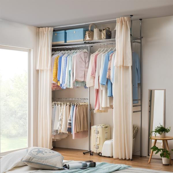 ワードローブ ウォークイン突っ張りハンガー 幅111cm-200cm・ハイタイプ（高さ218cm-280cm）・上下カーテン付き 衣類収納 クローゼットハンガー カバー ディノス dinos 人気 おしゃれ対面やL字、コの字置きなど、自由に...