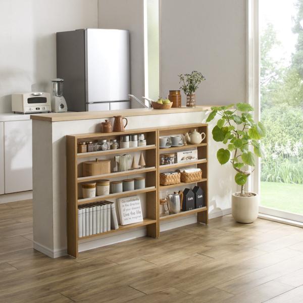 壁ピタ設置で突っ張らずに置ける超薄型ラック ロータイプ高さ90cm 幅60cm奥行12cm キッチン収納 キッチンカウンター下収納 ディノス dinos 人気 おしゃれブラウン　写真左からロータイプ高さ90cm幅80cm、ロータイプ高さ90...