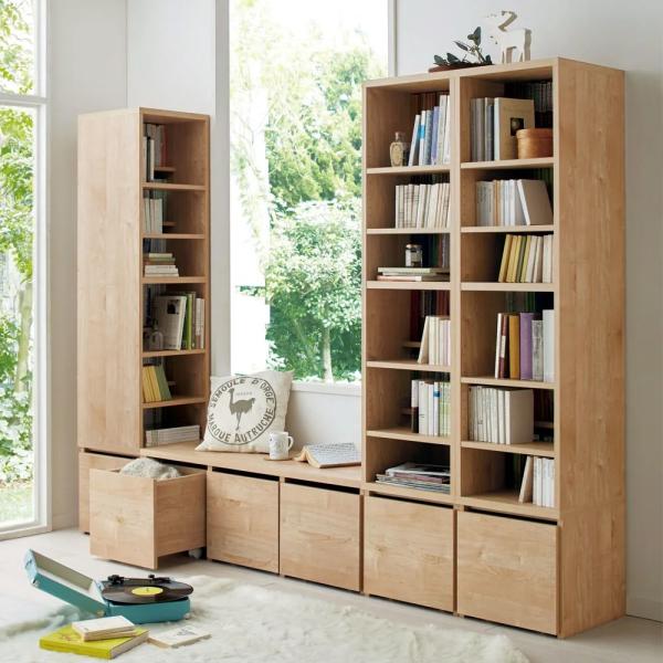 天然木調 段違い棚のブックシェルフ 高さ180cm 本棚 ラック シェルフ コミックラック ディノス dinos 人気 おしゃれ使用イメージ（ナチュラル　左からシェルフ高さ180cm、ベンチ幅117cm、シェルフ高さ180cm×2）※お届け...