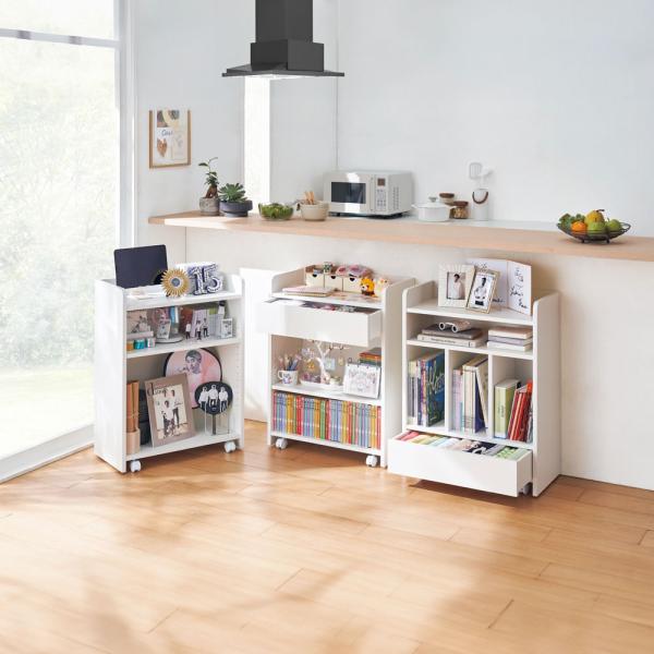 隠せるカウンター下収納 小引き出しタイプ 幅59高さ80cm 机 サイド 脇机 ディノス dinos 人気 おしゃれ使用例（左から棚タイプ幅59高さ80cm、小引き出しタイプ幅59高さ80cm、マルチタイプ幅59高さ80cm）クルッと裏返せ...