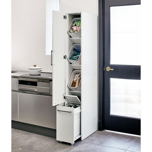 組立不要 キッチン分別タワーダストボックス 縦型4分別 幅28.5cm奥行53cm高さ180.5cm（ペール：15リットル3個・20リットル1個） キッチン 分別 ディノス dinos 人気 おしゃれ使用例：ホワイト 4分別 幅28.5 奥...