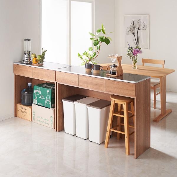 ステンレストップ下段オープン 間仕切りカウンター 幅89cm キッチン収納 キッチンカウンター ディノス dinos 人気 おしゃれコーディネート例（ブラウン　左：幅89cm、右：幅119cm）生活感を隠して収納も兼ねるキッチンカウンターキ...