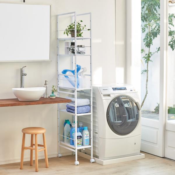 幅が伸縮するすき間ラック スリムタイプ 幅17.5cm-26.5cm奥行49.5cm高さ180cm トイレ 洗面所 ランドリー収納 洗面所収納 隙間収納 ディノス dinos 人気 おしゃれ洗面所の無駄なスキマを充実の収納スペースに◆洗濯機...