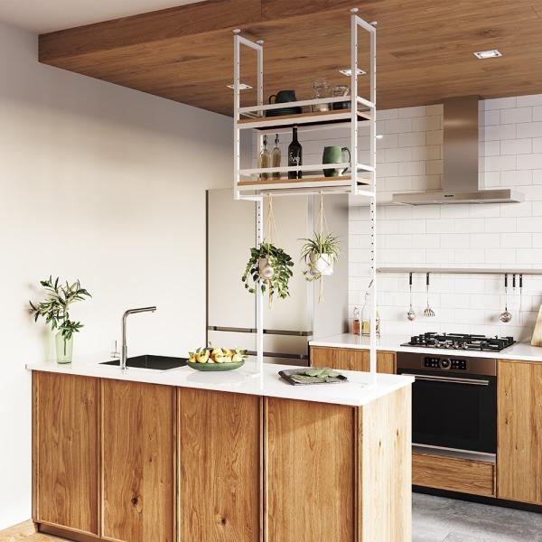 簡単設置突っ張りカウンター上吊棚 幅62cm奥行22cm高さ125cm-160cm キッチン収納 キッチンカウンター上収納  爆買 ディノス dinos 人気 おしゃれカウンター上におしゃれなオープンシェルフを簡単設置。●カウンター上におし...