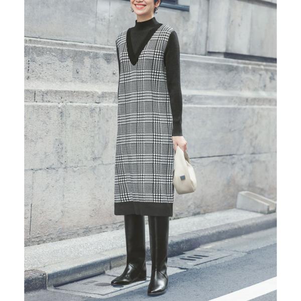 レイヤード風 ジャカードニットワンピース ファッション ワンピース  爆買 ディノス dinos 人気 おしゃれ 30代 40代 50代 60代 レディース纏うだけで自信が持てる 私を輝かせる毎日服ジャカード編みで表現したグレンチェックのジ...