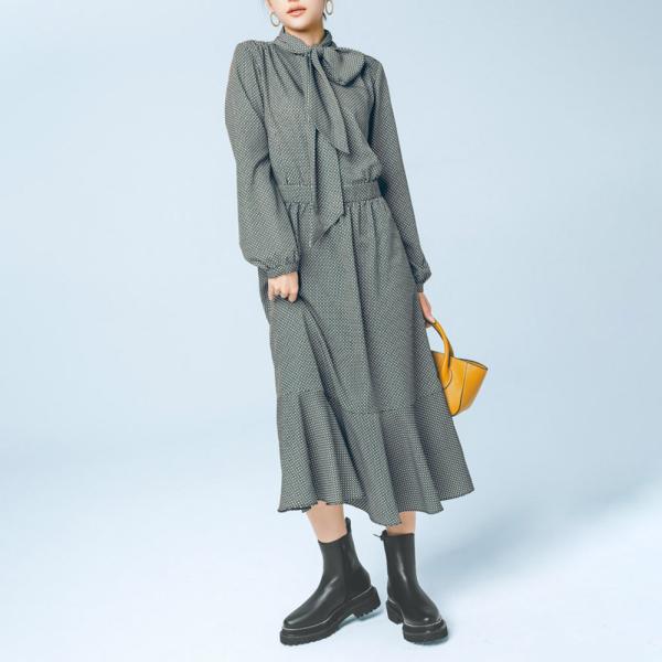 幾何学柄プリント ボウタイ ワンピース ファッション ワンピース ディノス dinos 人気 おしゃれ 30代 40代 50代 60代 レディースMANNISH LADYマニッシュさをプラスして洗練スタイルに。襟から続くボウタイは結んだり垂...