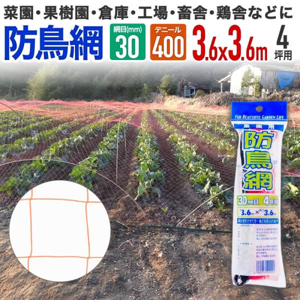 目合い（約）：３０ｍｍ菱目　サイズ       ：４坪　（約）幅３．６ｍ×長さ３．６ｍ　色            ：オレンジ　耳糸         ：緑　備考         ：ヘッダー付