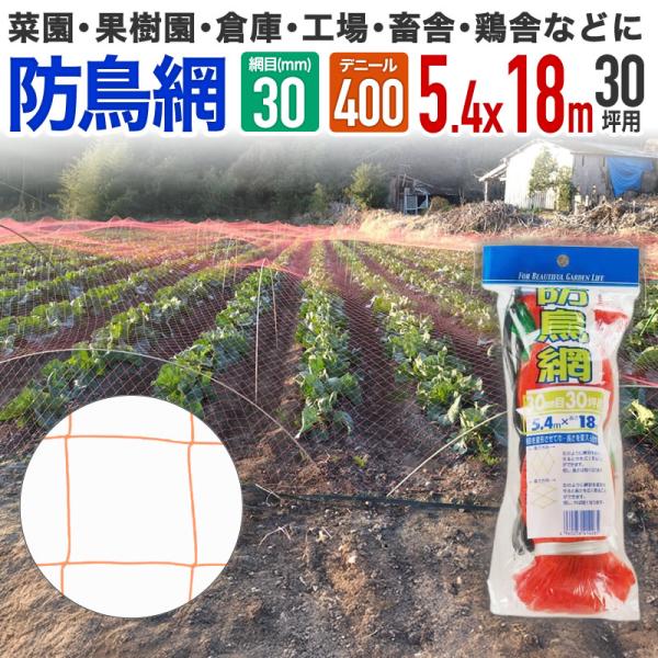 目合い（約）：３０ｍｍ菱目　サイズ       ：３０坪　（約）幅５．４ｍ×長さ１８ｍ　色            ：オレンジ　耳糸         ：緑　備考         ：ヘッダー付