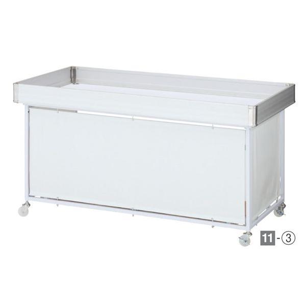 展示スペースに合わせて選べる平台ワゴン。収納スペースとしてご利用いただきやすいように、テントは3面張りで収納棚付きです。 仕様サイズ／W120×D75×H80cm カゴの深さ：10cmキャスター(ストッパー付き・無し×各2個)付き 収納棚付...