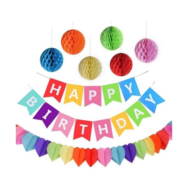 【セット内容】丸いペーパーフラワー(6色)、「HAPPYBIRTHDAY」を書いたカラーペーパー、ハートのガーランドお子様や大切な人の誕生日を、華やかに演出してくれるガーランドのセットになっています。カラフルな色使いは、男女を問わないので主...