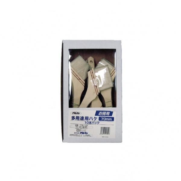最適な塗料 水性塗料・油性塗料 水性・油性塗料に使用できる多用途ハケ(70mm)10本セット 注意事項 ●塗装以外に使用しないで下さい。 材質/成分 毛材:山羊・化繊混毛   【サイズ】 70mm 【入数】 10本パック T7010P