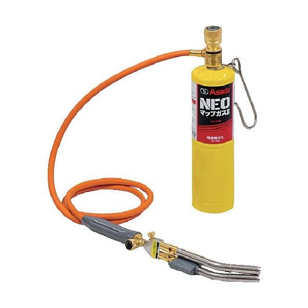 ●火口タイプ:ダブル  ●ホース長:1.5m  ●ロウ付け目安:〜 1-1/8”  ●燃焼時間:60 分  ●炎の温度:2200℃  ●着火方式:電子着火  ●使用ボンベ:NEO マップガスII ガスバーナー  【サイズ】 L:100mm×...