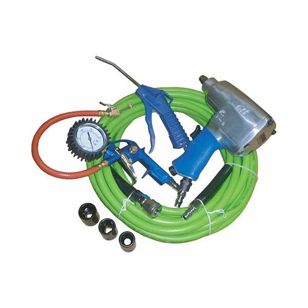 タイヤ交換用エアーツールセットです。 セット内容:インパクトレンチ（3種(171921mm)ソケット付き）、エアーホース、タイヤチャック、ダスター  エアーホースは、絡み難いハイブリットエアーホースを採用しています。 タイヤチャックは自転車...