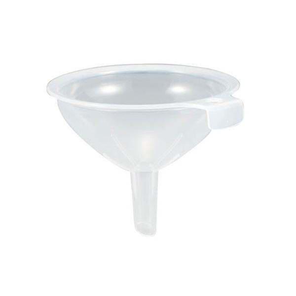 ●持ちやすいハンドルが付いたロートです。 ●材質:PP(ポリプロピレン) ●口外径:φ94mm ●足外径:φ11mm ●足長:35mm   【カラー】 透明 【重量】 20 【入数】 1個 BLCF701