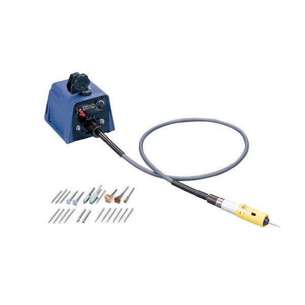 低回転でもトルク低下しない電子回路(無段変速) ボリュームスイッチで細かく無段変速 先端工具交換は工具不要のワンタッチ  ●柔軟性のあるフレキシブルシャフトで手元ラクラク ●先端部分まで握れるカバー付ロータリーヘッド ●ロータリーヘッドを本...