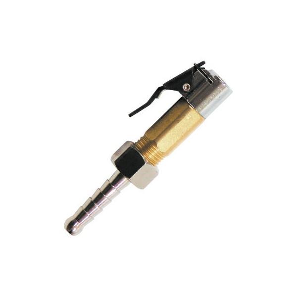 クリップチャック タイヤバルブに爪1枚で留めるクリップチャック。  手放しができる。  クローズタイプで、接続はG1/4又は内径8mmゴムホース接続、長さ87mm   【入数】 1個 4P7C