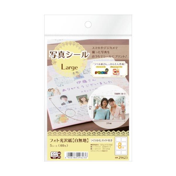 Large フォト光沢紙（白無地） 毎日の記録からとっておきの出来事まで、思い出を楽しく記録するシールです。 大きめサイズの横長シールが作れます。 印刷ソフト「ラベル屋さん」を使って簡単にレイアウトができます。 入数 5シート（40片） シ...