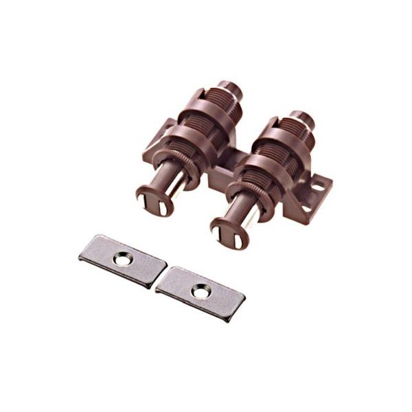 吸着力:片側2.5kg小型キャビネット等 ドアラッチ ラッチ錠 キャッチ 掛け金  【カラー】 茶 【付属品】 本体：丸木ネジ3.1×13mm。受：皿木ネジ2.7×13mm 【材質】樹脂 【原産国】 日本 NoMC59