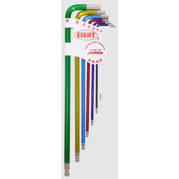 マルチカラーレンチセット  7本組 サイズ内容 (mm): 1.5、2、2.5、3、4、5、6 長手先端形状:テーパーヘッド 長さ規格:エキストラロング 表面処理:EL/ARMOURめっき・焼付塗装 2.5mm〜6mmにはシルク印刷によるサ...