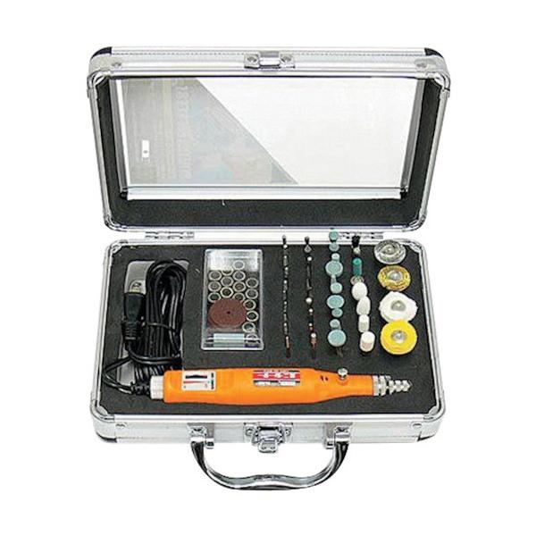 セット内容:ミニ・ルーター×1、研磨パフ×2、成型フェルトパフ×4、合成艶出しパフ×1、ワイヤーホイール(真鍮)×1、ワイヤーホイール(スチール)×1、ナイロンブラシ×1、研磨砥石(アルミオキサイド)×10種、超硬ダイヤモンド砥石×20種、...