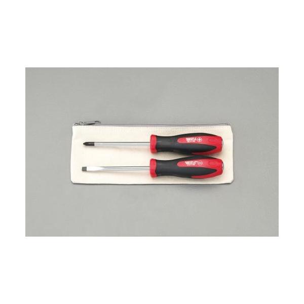 ●2本組 ●(+)ドライバー:先端×軸径:#2×6.3mm、軸長:100mm ●(-)ドライバー:刃幅×刃厚:6.0×1.0mm、軸長:100mm ●キャンバス工具袋付:EA925MC-11A(250×100mm) ●打撃できる貫通柄タイプ...