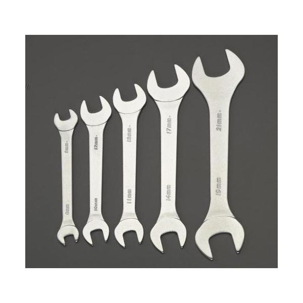 ●〈セット内容〉…5本組 ●材質…カーボンスチール ●サイズ(mm)…8×9・10×1211×13・14×1719×21 ●厚み…3mm ●全長…113〜175mm   【サイズ】 片目片口スパナ 【入数】 1個 EA615AD10