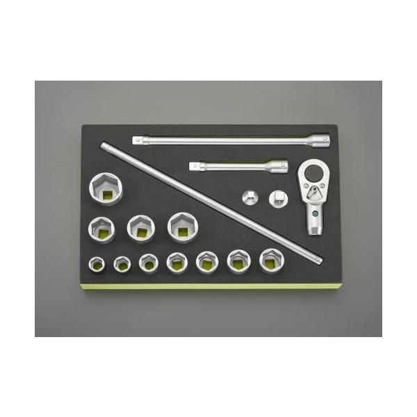 ●〈セット内容〉…17点 ●トレーサイズ…530×350×90(H)mm ●差込角…3/4” ●ソケット(6角)…22・24・27・30・32・34・36・38・41・46・50mm ●ラチェットヘッド…61.5mm ●バーハンドル…510...