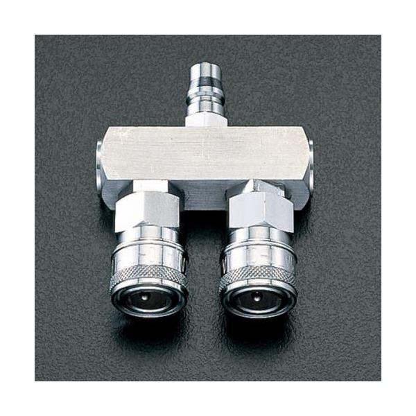 ●型…20型 ●使用圧力…1.0MPa ●材質…鋼鉄(クロムメッキ)・アルミニウム ●1本の空気配管から同時に2本の空気を分岐することができます。 ●コード品番:EA140DK-2B   【入数】 1個 EA140DK2B