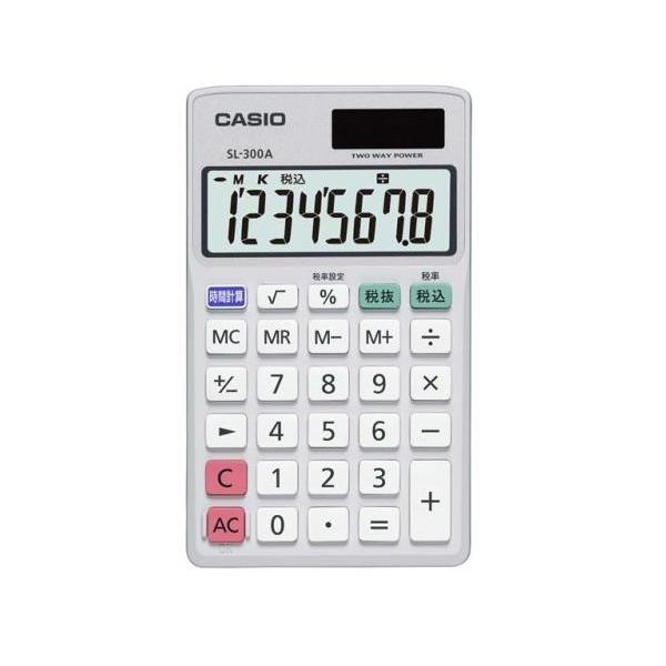 ●メーカー…カシオ（CASIO） ●型番…SL-300A ●桁数…8桁 ●税計算、時間計算機能 ●特大表示 ●早打ち対応 ●電源…太陽電池＋LR54×1個 ●サイズ… 70(W)×118.5(D)×8(H)mm ●重量…約50g ●手帳型ケ...