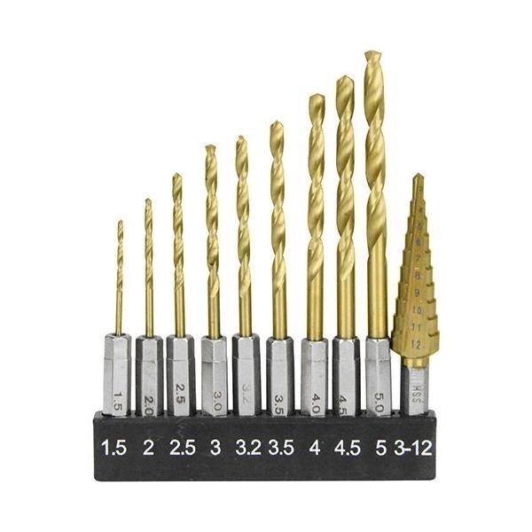 鉄工ドリル・ステップドリルがセットになりました。 鉄工用は鉄・ステンレス・アルミ・樹脂・木材の穴あけ、ステップドリルは薄鉄板の穴あけ・拡大作業。 刃先にはシンニング加工を施している為、材料への食いつきが良くすべりにくです。 6.35mm六角...