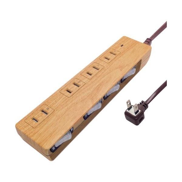 ■特徴 美しい木目調のタップです。  ■仕様 定格電圧：15A・100〜125V(1500Wまで) 耐トラッキングカバー付プラグ 雷サージガード（サージ機能時LED点灯） 個別スイッチ付き（ブレーカー内蔵） 壁掛け用フック（背面）    【...