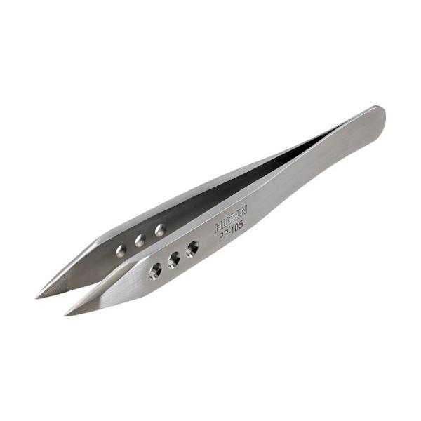 対象物をしっかりとつかめる頑強ボディーです。 全長(mm):110 幅(mm):10 先端幅(mm):0.5 先端:直型 板厚(mm):2.5 ステンレス（SUS420J2）   【サイズ】 110mm 【入数】 1点 PP105