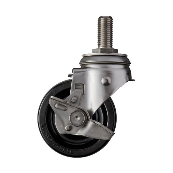 ■特長 耐食性・耐水性に優れたオールステンレスキャスターです。  食品工場・店舗及び事業所等の錆や腐食をきらう環境で使用される台車や機器に最適です。  ■仕様 車輪径D(mm):100 タイプ:自在式(ストッパー付) 許容荷重(daN):1...