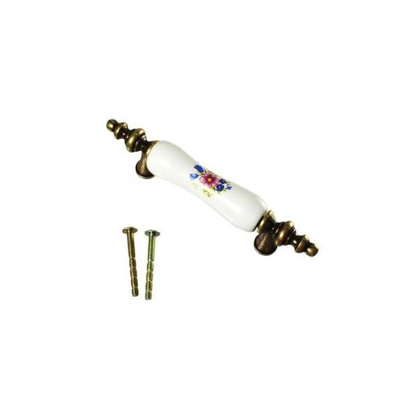 ●引き出しや扉の、お手軽な模様替えにオススメです。 ●サイズ:76mm ●取付:裏ビス止 ●カラー・仕上:ゴールド/ホワイト(花柄) ●コード番号:00030832 取っ手  【サイズ】 76mm T832