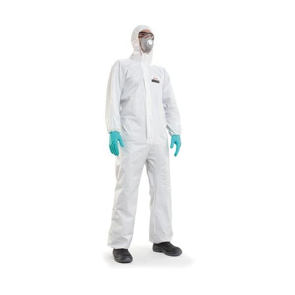 ■特徴 透湿度の高いSMS製防護服です。 頭部にフィットする立体的な構造のフードです。 袖口や足首、ウエストゴムの締まりが粉じんの付着を軽減します。  ■用途 医療関連、製薬業用。 粉じん、粉体作業用。 アスベスト除去などに。  ■仕様 使...
