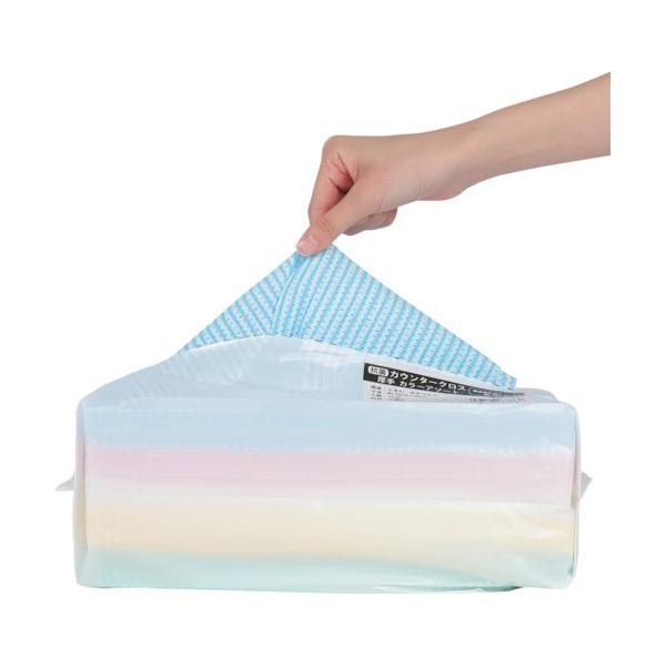 ■特徴 カラーアソートになった中厚手タイプのカウンタークロスです。 1パックにブルー、ピンク、ホワイト、イエロー、グリーンが各10枚入っています。  ■用途 カフェ・レストラン・キッチン・給湯室などのお掃除に。  ■仕様 坪量：70g/「「...