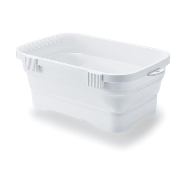 ■特徴 野菜をきれいに洗ったり、つけ置き洗いの時だけサッと広げて使える、折り畳み式の洗い桶。 場所を取らないタテ置き(スタンド付き)で、使用後は折りたたんでコンパクトに収納。 あふれる水を軽減するスリットあり。 水を溜めたり抜いたりできる「...