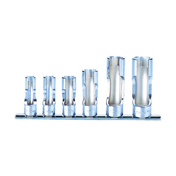 ■特徴 今まで横からスパナでしかくわえられなかったような各種センサーや配管周りのナット等に上からアクセスできるフレアナットソケットです。  ■付属品 内容品:ソケットレール  ■材質 クロムモリブデン鋼(SCM435) ●差込角(mm):9...