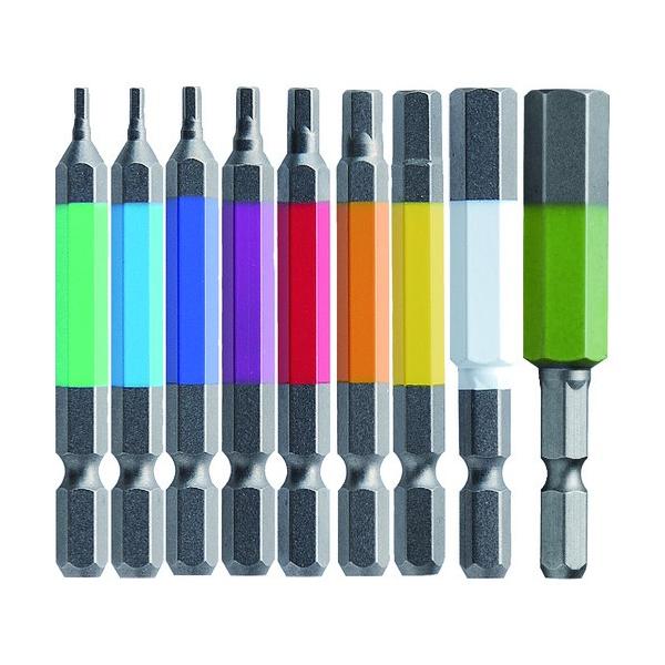 サイズを色で識別できます。 電動ドライバー装着時に塗装部分が邪魔にならない両端部非塗装です。 用途 六角穴付きネジ、六角穴付きボルト回しに。 シャンク径:6.35mm セット内容:ACHX-1565、2065、2565、3065、4065、...