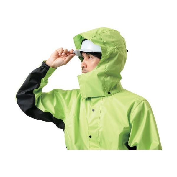 ■特長 取り外し可能なヘルメット対応フードを装備したレインスーツです。  ■用途 作業に。  レジャーに。  自転車通勤・通学に。  ■仕様 色:ライム サイズ:4L 身長(cm):180〜185 胸囲(cm):108〜116 ウエスト(c...