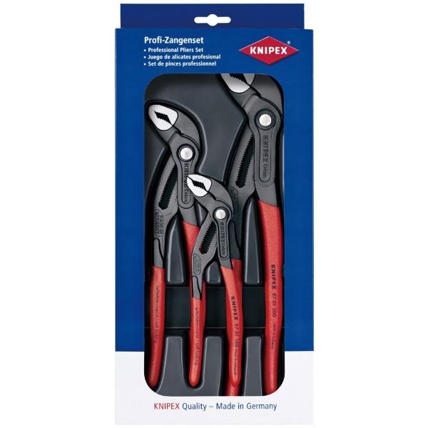 ウォーターポンププライヤーコブラ（8701シリーズ）3サイズがセットになっています。 ユーロ標準の穴のついた魅力的なセールスパッケージです。 プッシュボタンにより、素早く簡単にアゴの幅を細かく調整できます。 少ない力でパイプやナットを確実に...