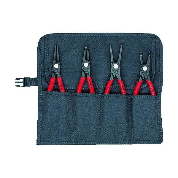使用頻度の高い軸用・穴用精密スナップリングプライヤーの4本セットです。 ツールロールは耐久性に優れたポリエステル製です。 ツールロール（4ポケット）付き すべり止め付きプラスチックハンドル リング使用範囲(mm):Φ19-60 爪先端径(m...