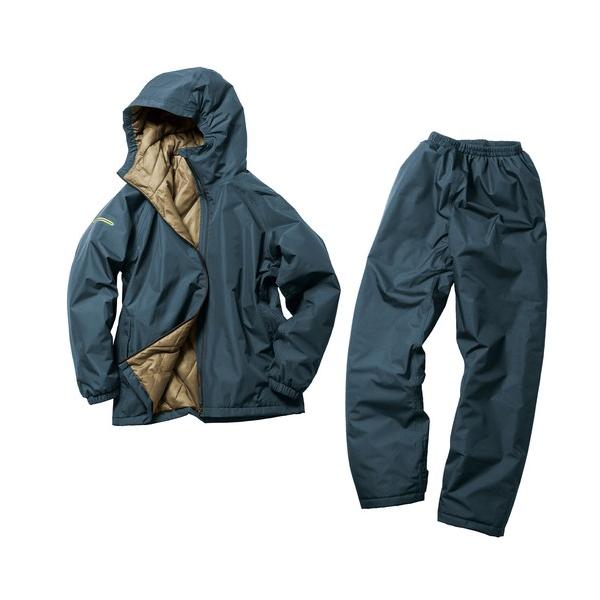 ■特徴 フードは丸めて収納可能です。 襟部分は中綿を増量しています。 右袖に蛍光反射プリントがあります。 ジャケットに両手差しポケットがあります。 パンツ裾マチ付きでボタンによる調節が可能です。    【サイズ】 EL 【カラー】 ネイビー...