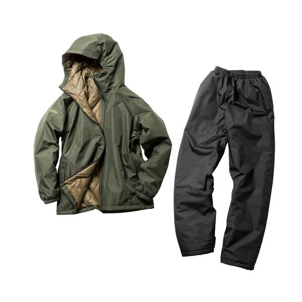 ■特徴 フードは丸めて収納可能です。 襟部分は中綿を増量しています。 右袖に蛍光反射プリントがあります。 ジャケットに両手差しポケットがあります。 パンツ裾マチ付きでボタンによる調節が可能です。    【サイズ】 4L 【カラー】 カーキ×...