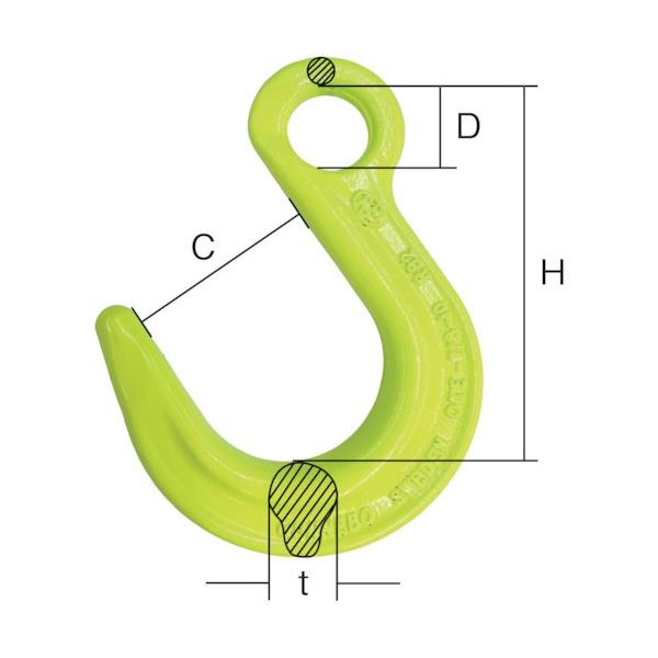 ■特徴 スリングフックより開口部が広く、太軸物などを掛ける用途に最適なフックです。 フックの開口部が広く太軸物などを掛ける用途に最適です。  ■用途 敷鉄板・太軸物の吊り上げ用金具。 ●基本使用荷重(t):2 ●適合チェーン線径(mm):8...