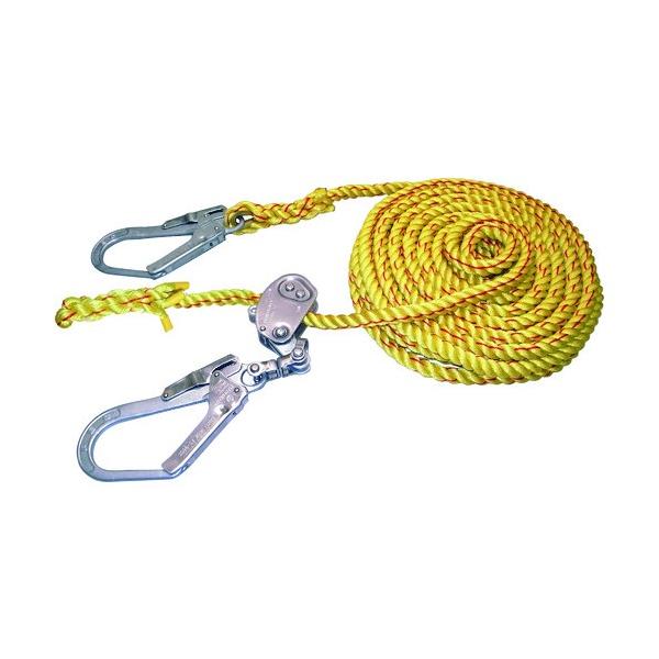 商品画像はイメージ画像です。実際とは異なる場合がございます。 緊張器（エンド側フック直結回転型）が付いた水平用親綱です。 手作業で簡単に水平親綱の設置が可能です。 両端大口径（50mm）フック付のニューテトロンロープ16mmΦ（3ツ打ち）仕...