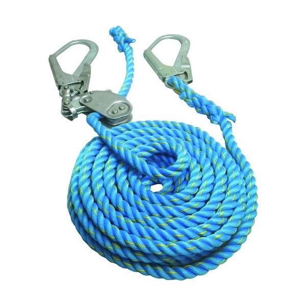 商品画像はイメージ画像です。実際とは異なる場合がございます。 ■特徴 緊張器（エンド側フック直結回転型）が付いた水平用親綱です。 手作業で簡単に水平親綱の設置が可能です。 両端大口径（50mm）フック付の青色ニューテトロンロープ16mmΦ（...