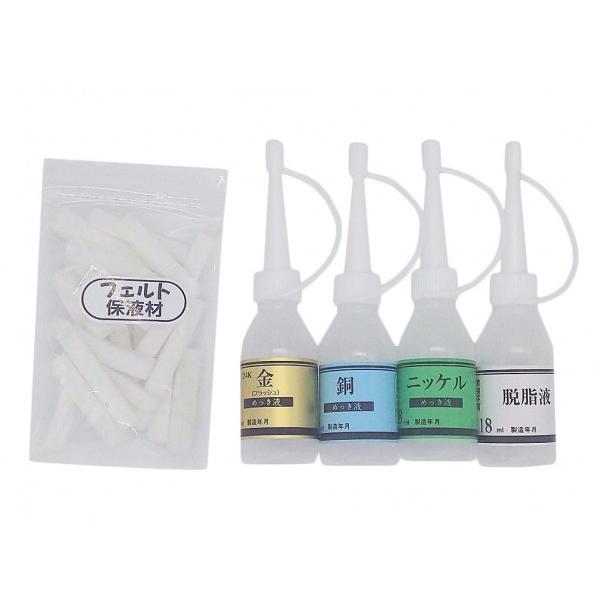 ●各18ml×4種の補充小セットです。   ●商品内容:脱脂液、銅めっき液、ニッケルめっき液、金めっき液、各18ml / フェルト保液材 20本  ●金めっき液18mlの金の含有量:1L当たり2g ◎いずれの処理液にもシアンは含まれておりま...