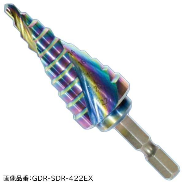 【特長】 鉄・ステンレス用ステップドリル。  急スパイラルアングル溝でスクイ角が鋭利で抜群の穴あけスピードを実現。  コバルトハイスに極光コーティング（TiAICN炭窒化アルミニウムチタン）を施し、通常のTiNコーティングに比べ表面硬度・耐...